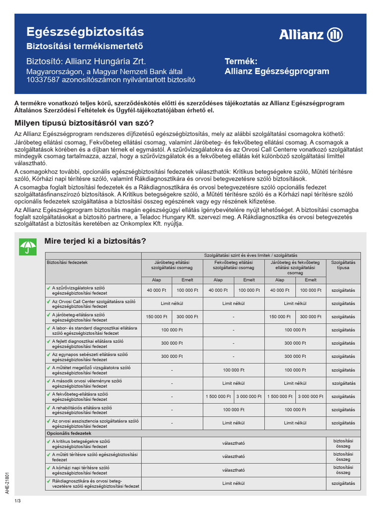 AHE-21801 Allianz Egeszsegprogram IPID | PDF