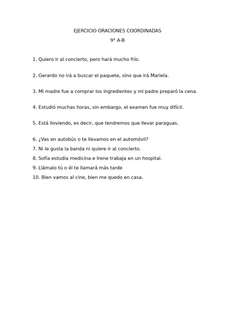 Ejercicio Oraciones Coordinadas | PDF