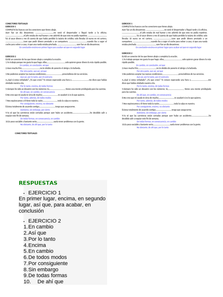 Conectores Textuales Ejercicios | PDF