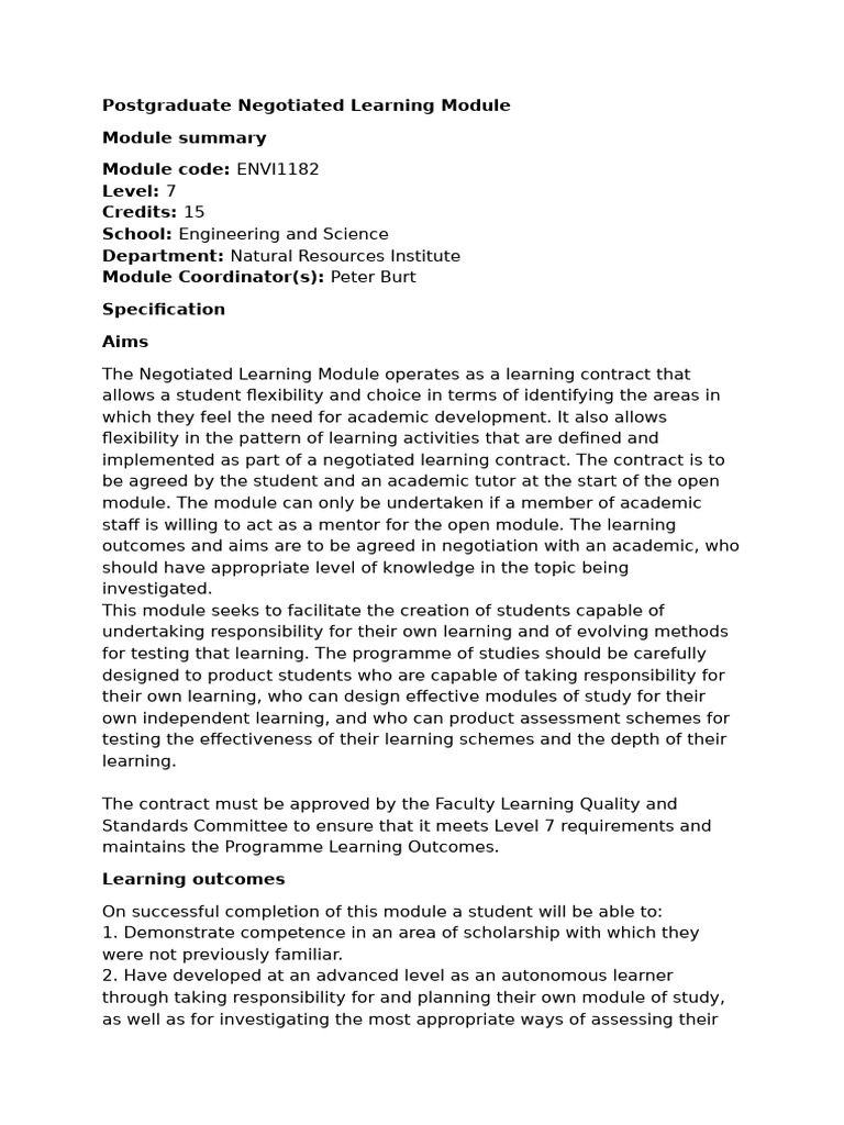 Postgraduate Negotiated Learning Module | PDF | Learning | Experience