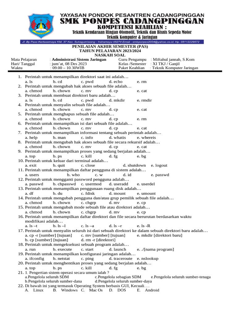 Soal ASJ UAS Kelas XI TKJ 2023 | PDF