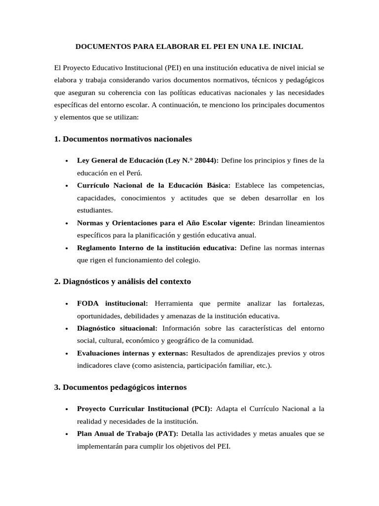 Documentos Clave para PEI en I.E. Inicial | PDF | Educación de la primera infancia | Plan de ...