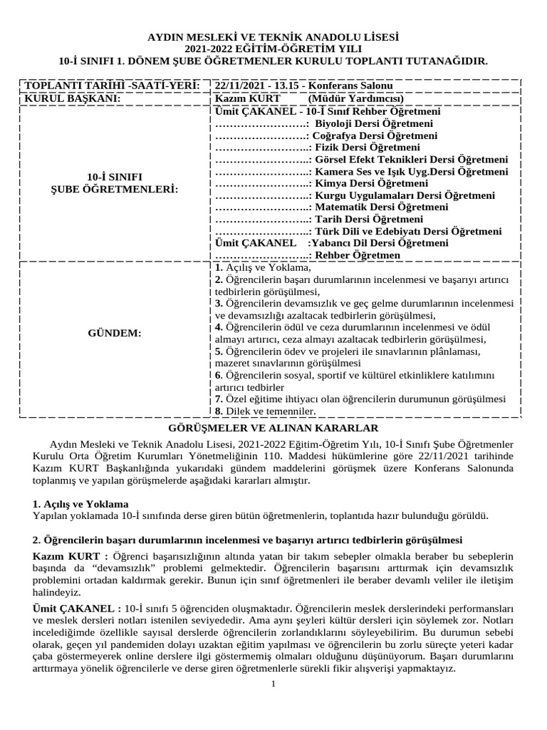 10.Sinifi-1.-Donem-Sube-Ogretmenler-Kurulu-Toplanti-Tutanagi-2021-2022 | PDF
