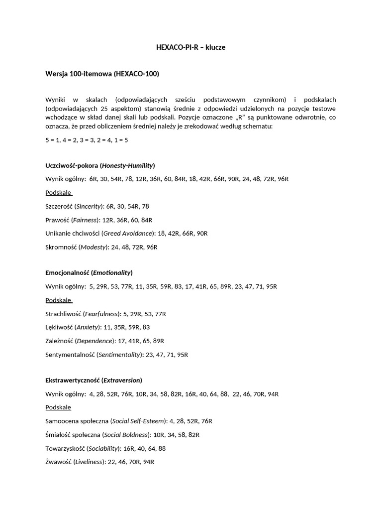 Klucze Do HEXACO PI R | PDF