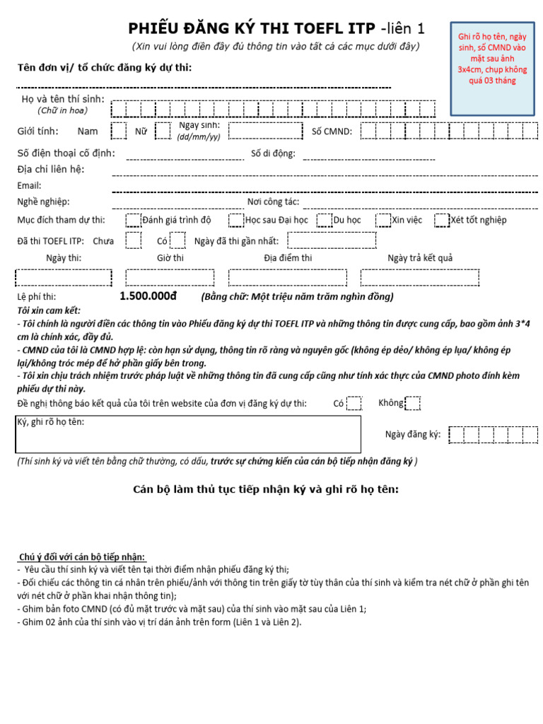 1.Phiếu Đk Thi TOEFL Itp 1.500k | PDF