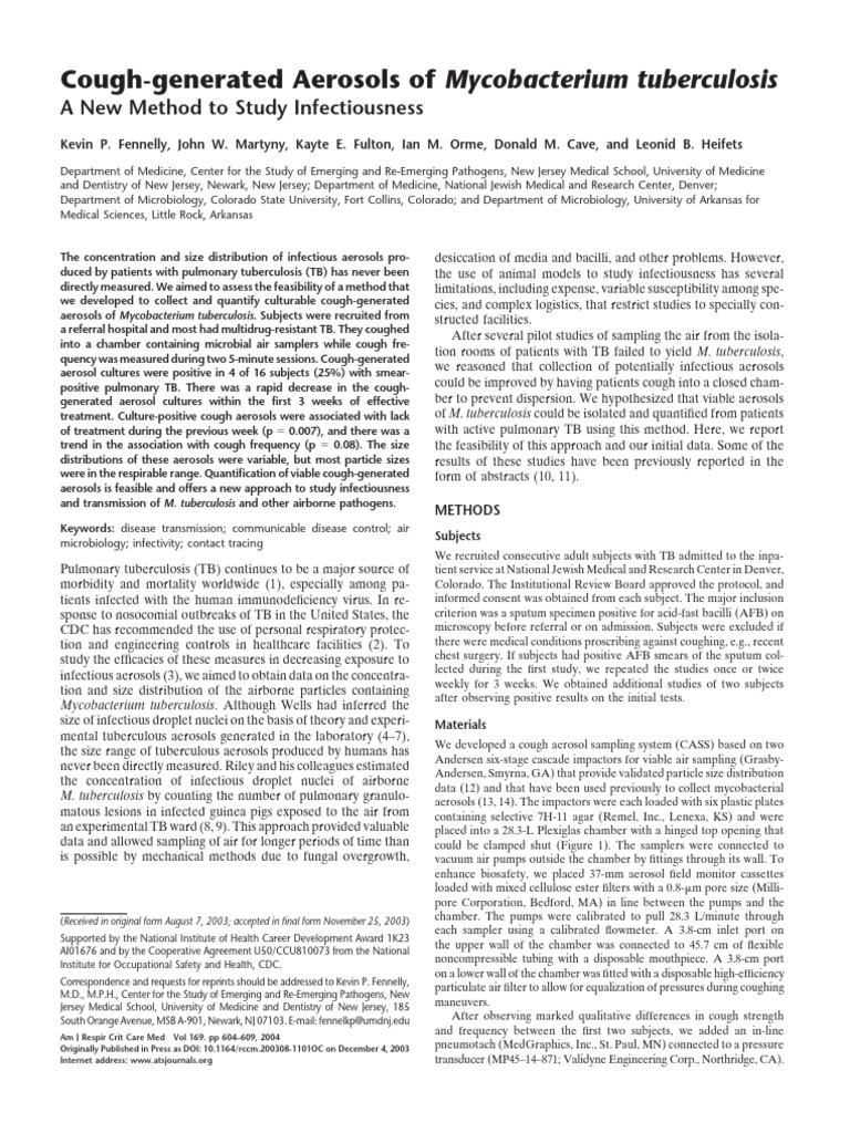 2 Fennelly 2010 - Quantifying TB Droplet Spread | PDF | Tuberculosis ...