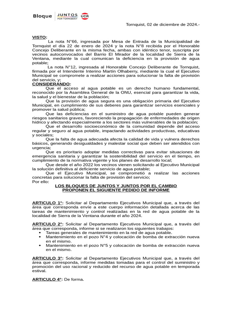 Pedido de Informe - Red de Agua Potable de SDLV | PDF | Agua | Agua potable