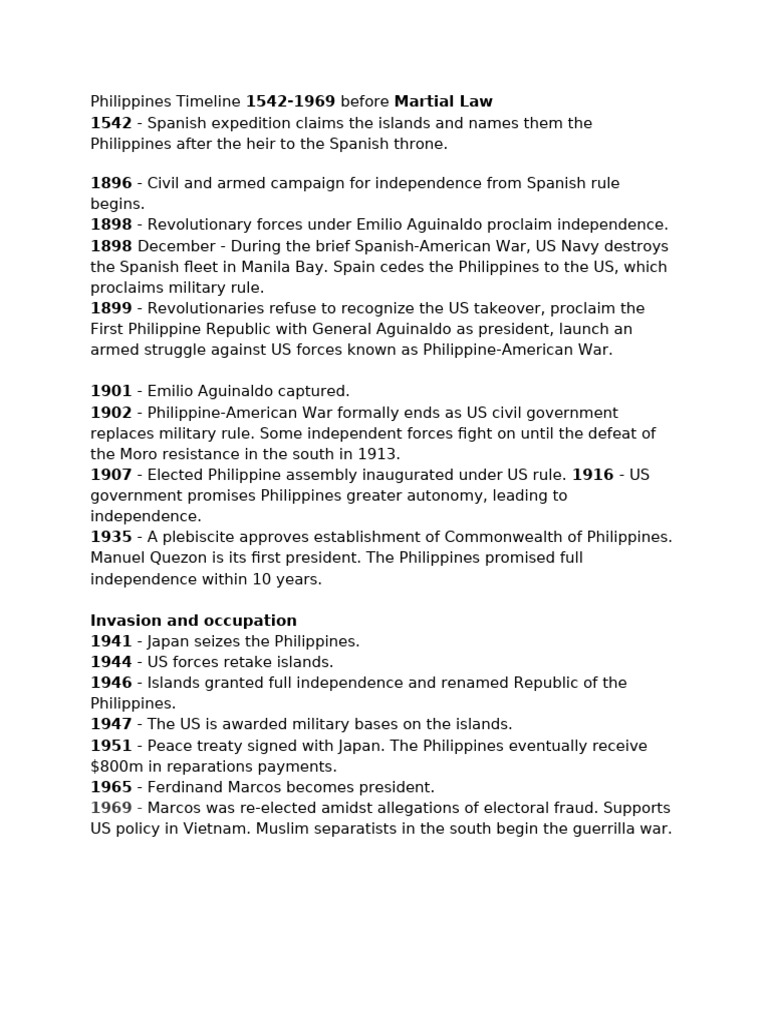 Philippines Historical Timeline 1542-1969 | PDF