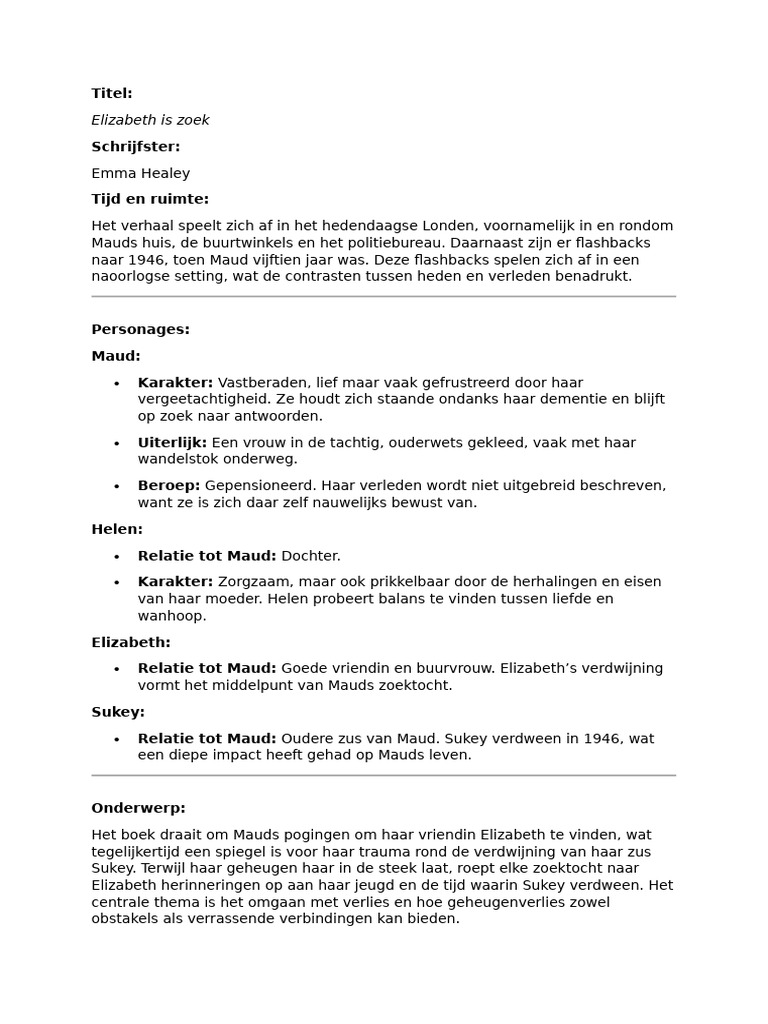 Nederlands Fictie Opdracht Elizabeth Is Zoek | PDF