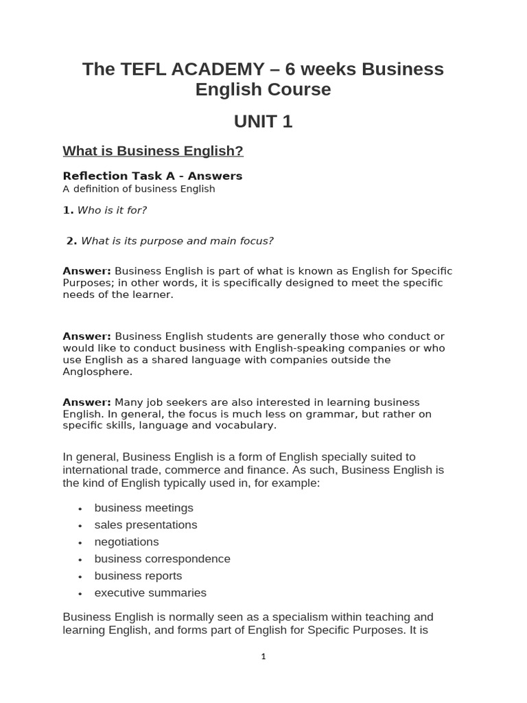 Business English Course UNIT1, The TEFL Academy 6wks Course | PDF ...