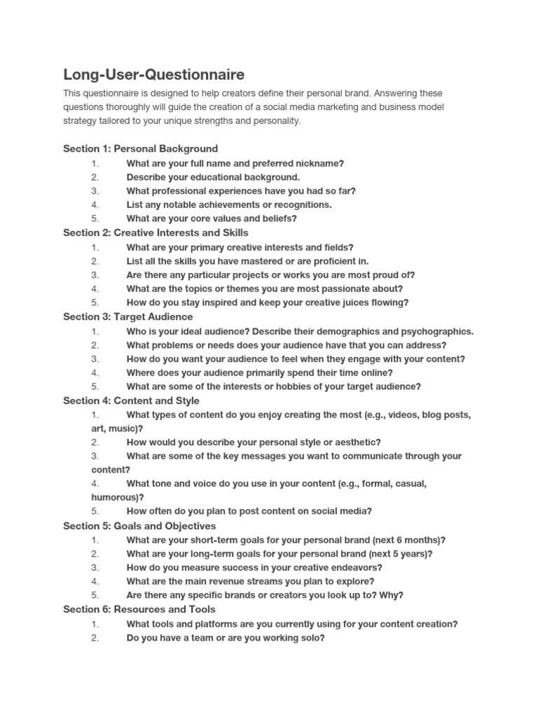 Personal Brand Development Questionnaire | PDF | Target Audience ...