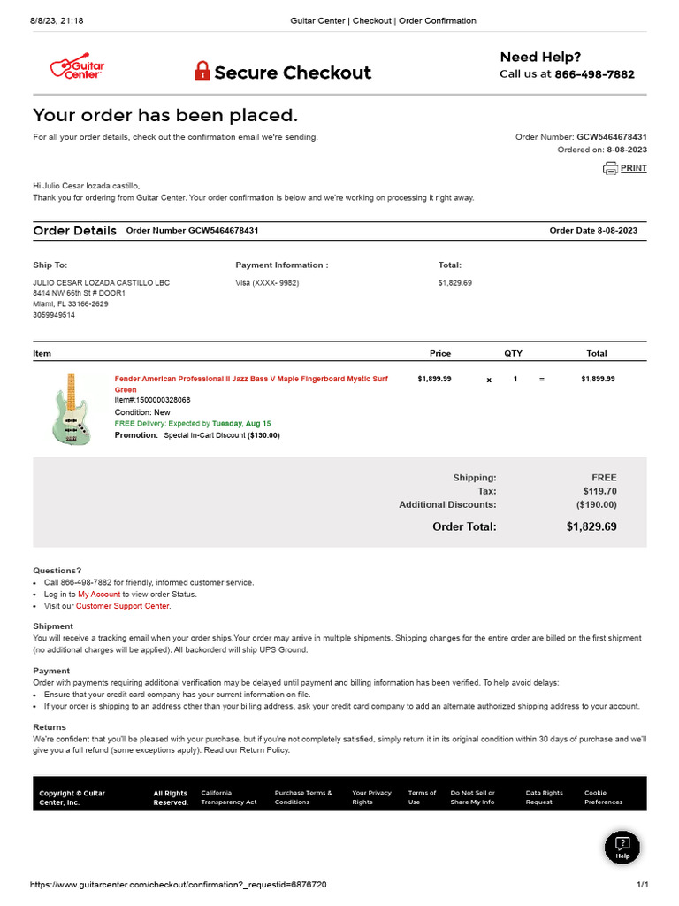 Guitar Center - Checkout - Order Confirmation | PDF | Credit Card ...