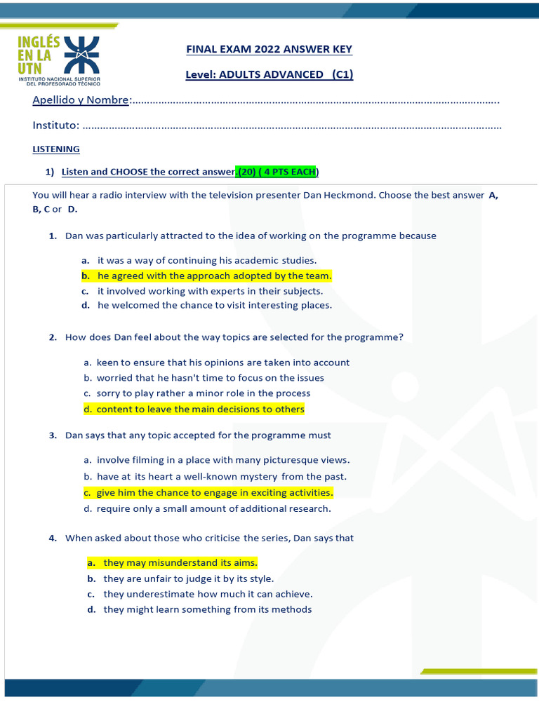 Adults Advanced Final Exam 2022 Answer Key | PDF