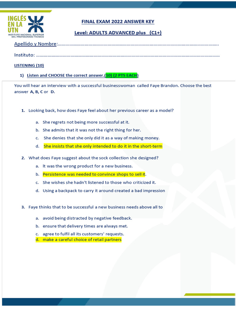 Adults Advanced Plus Final Exam 2022 Answer Key | PDF