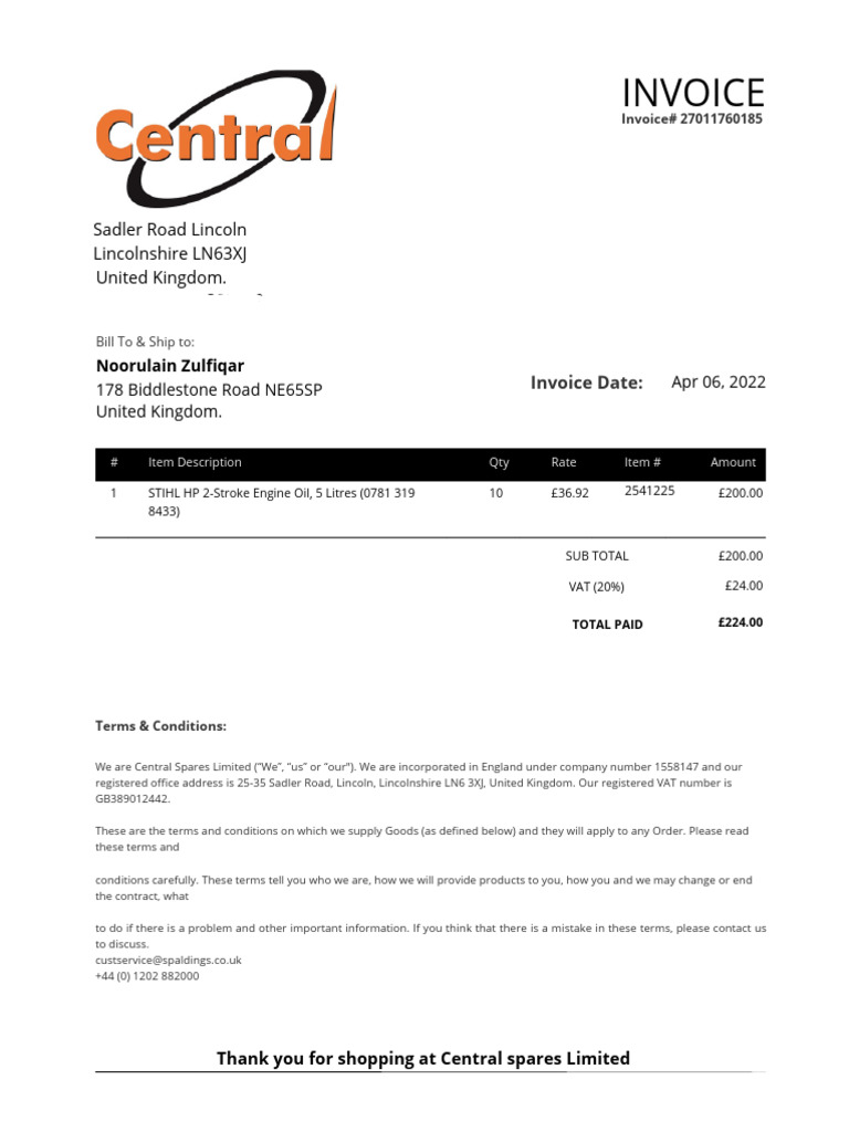 Central Spares Limited Invoice Terms | PDF