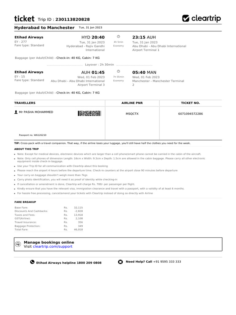 Cleartrip Flight E-Ticket | PDF | Baggage | Aviation