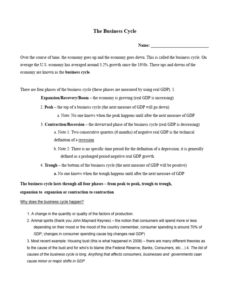 Business Cycle Explanation and Activity | PDF | Recession | Business Cycle