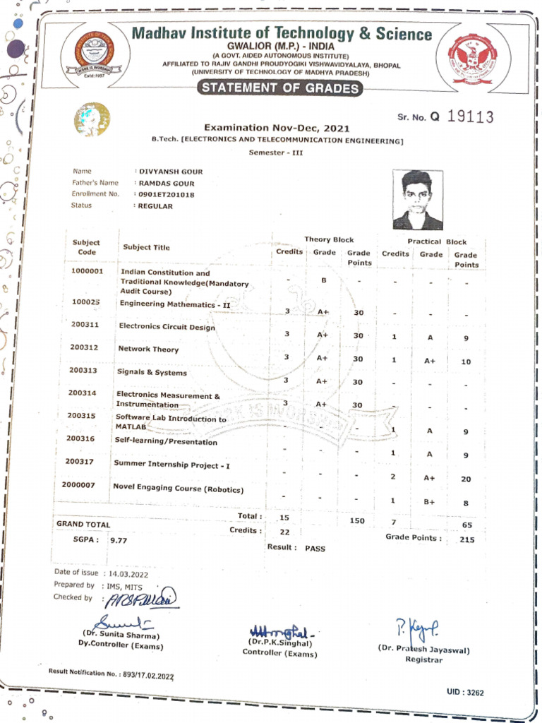 3rd Sem Marksheet | PDF