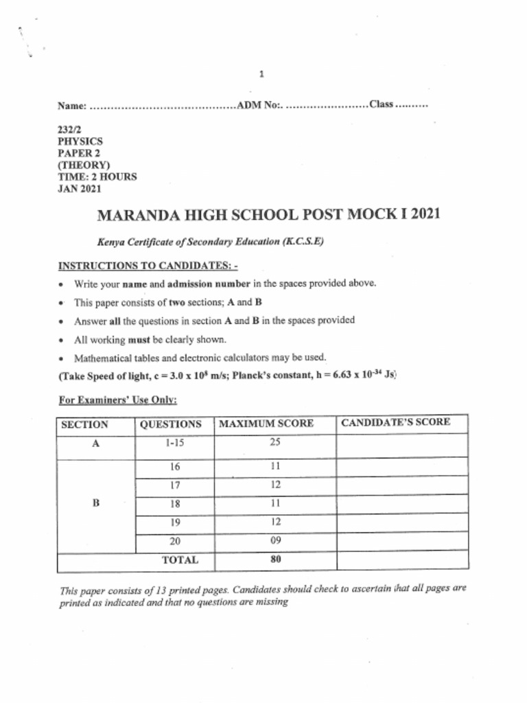 Maranda 2021 Form 4 Physics pp2 Post Mock Qs | PDF