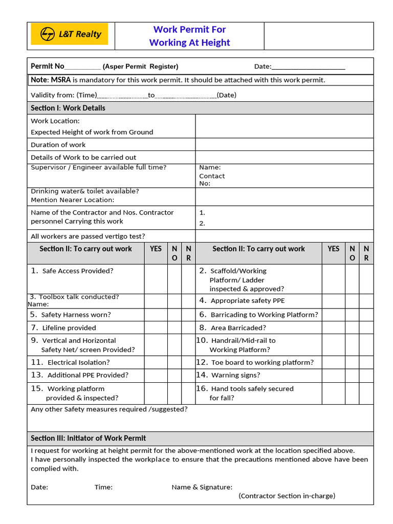 LTR Work Permit for Working at Height (1) | PDF | Occupational Safety ...