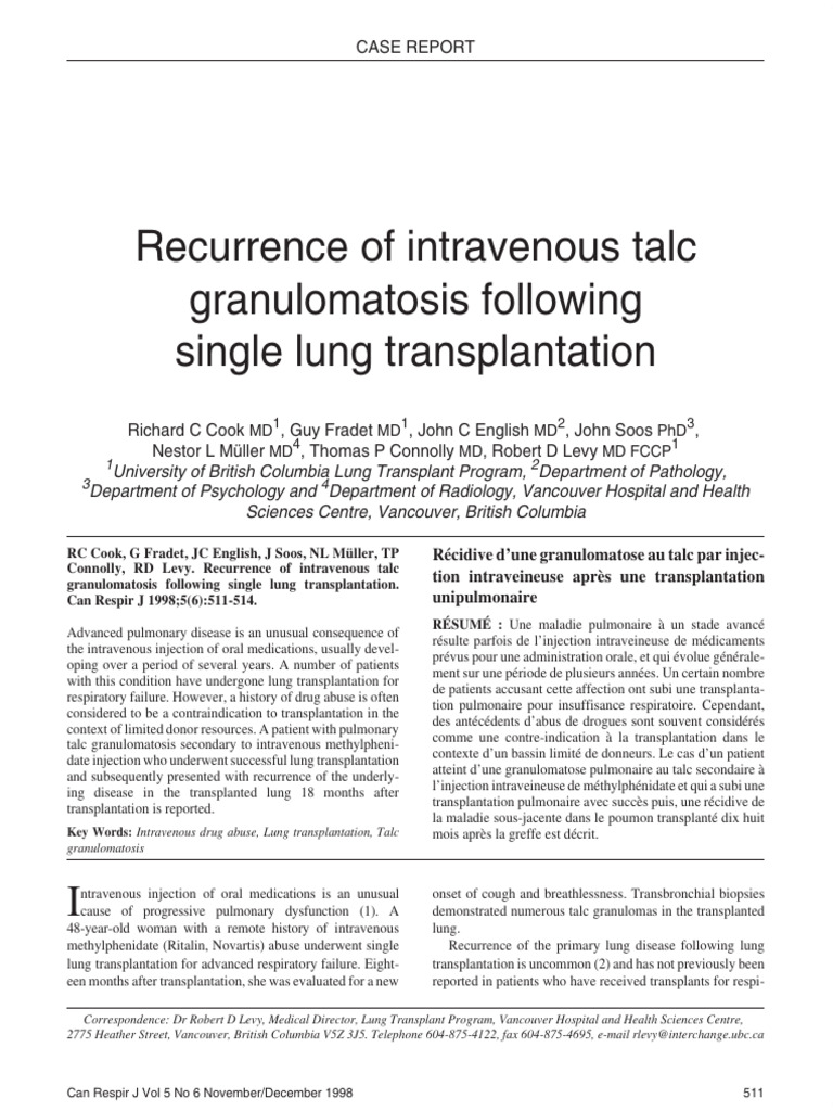Recurrence of Intravenous Talc Granulomatosis Following Single Lung ...