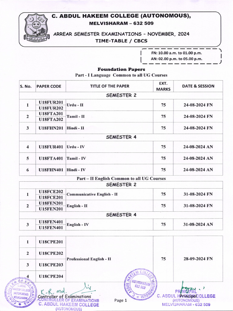 Semester Examinations Time Table November 2024 Arrear | PDF ...