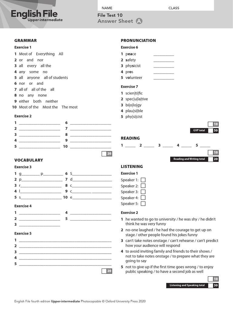 EF4e Uppint Filetest 10a Answer Sheet | PDF | Linguistics | Human ...