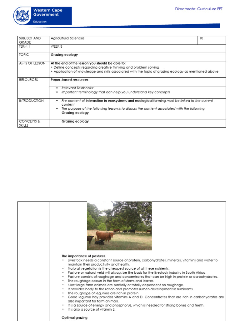 Agricultural Sciences Grade 10 T1 W3 Grazing Ecology | PDF | Grazing ...