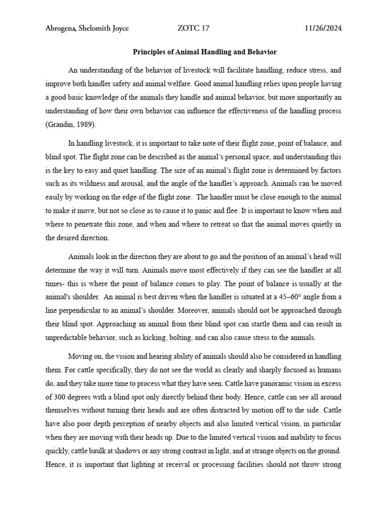 Abrogena - ZOTC 17 - Principles of Animal Handling and Behavior | PDF | Psychological Concepts ...
