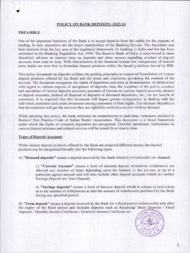 Policy On Bank Deposit 2023 24 | PDF