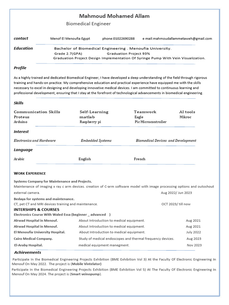 Biomedical Engineer Mahmoud Allam Profile | PDF | Biomedical ...