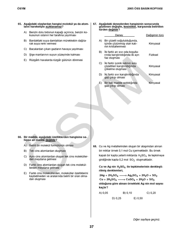 ÖSS Kimya 2005 | PDF