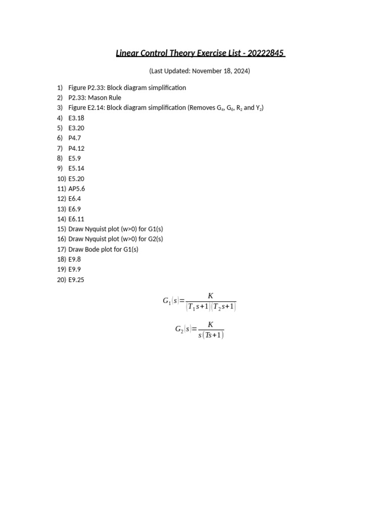 Linear Control Theory Exercise List (1) | PDF
