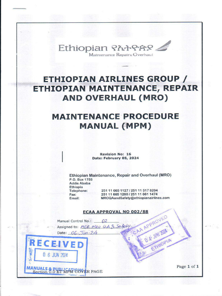 Ethiopian Maintenance Procedure Manual (MPM) Rev 12 | PDF