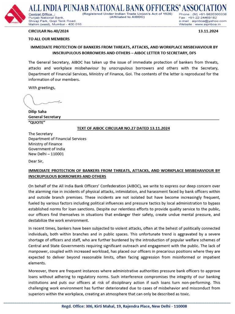 40 2024 Immediate Protection of Bankers - Aiboc Letter To Secretary ...