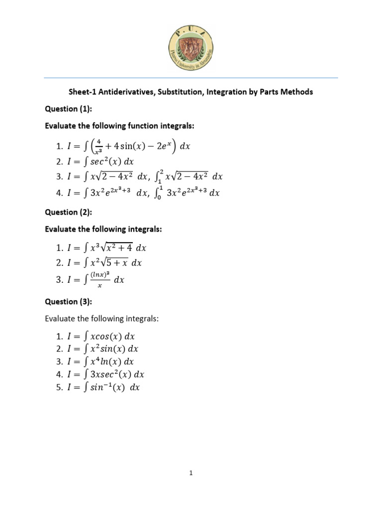 Sheet-1 - Antiderivatives-Substitutions-By Parts | PDF