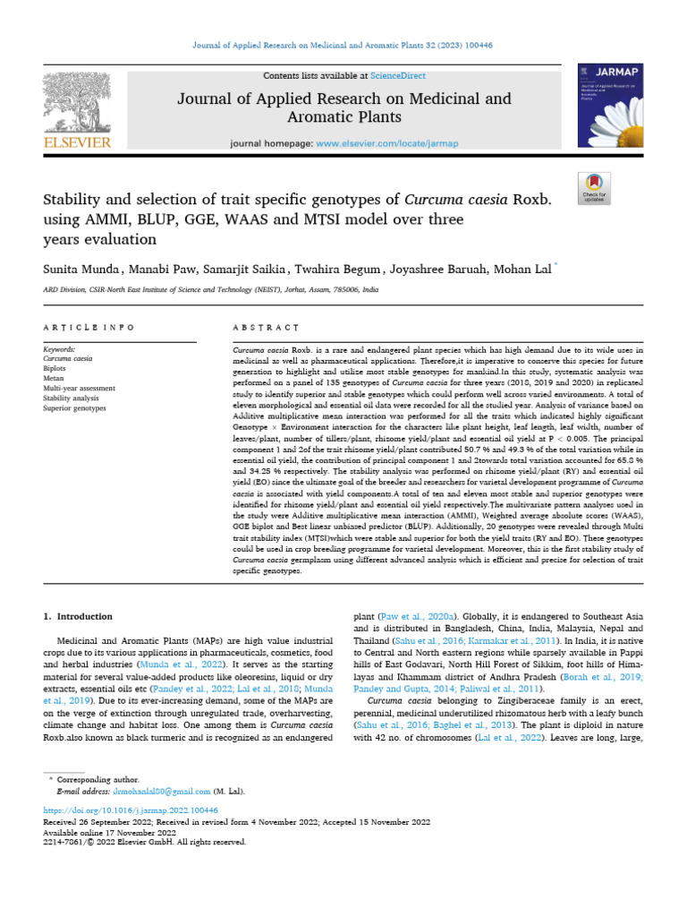 Stability and Selection of Trait Specific Genotypes of Curcuma Caesia Roxb.using AMMI, BLUP, GGE ...