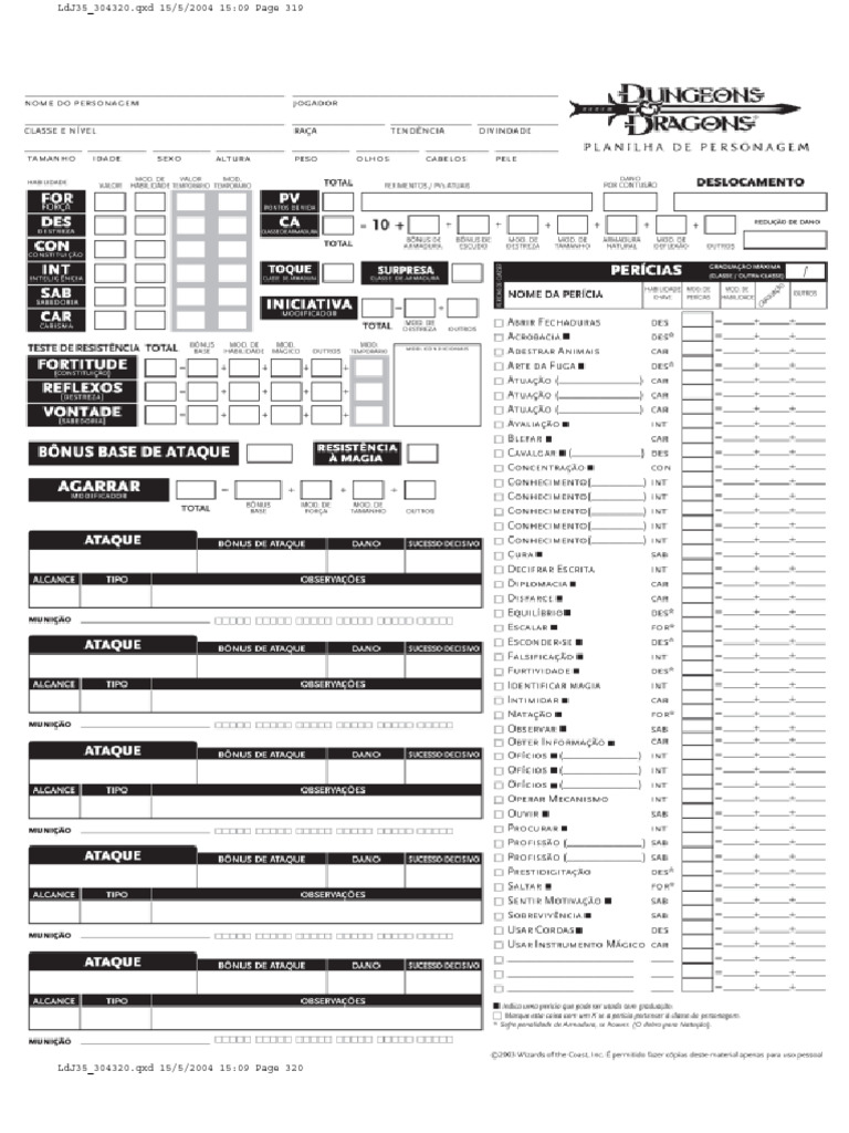 DD 3e Ficha de Personagem 3 5 Biblioteca Elfica | PDF