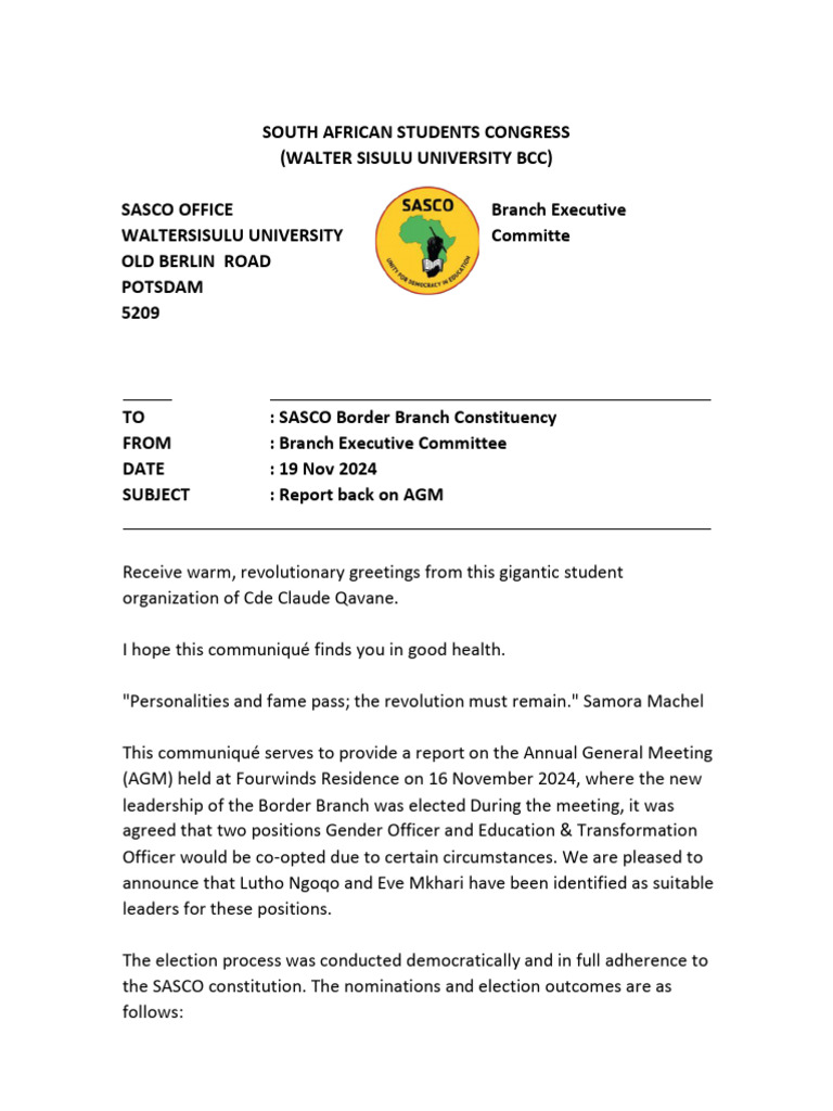 SASCO AGM Report: New Leadership Elected | PDF