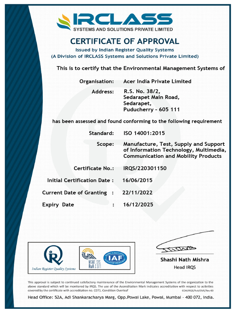 Acer India ISO 14001 Certification | PDF