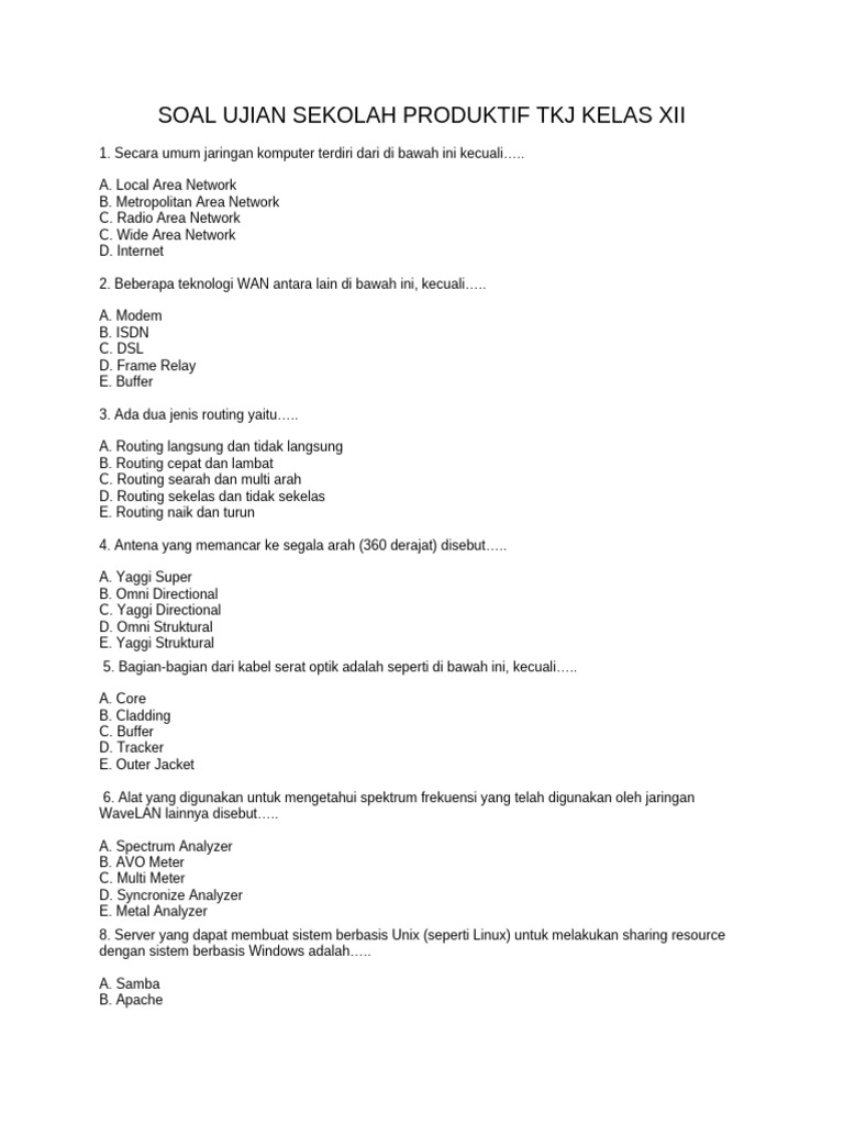 Soal Ujian Sekolah Produktif Tkj Kelas Xii Share | PDF