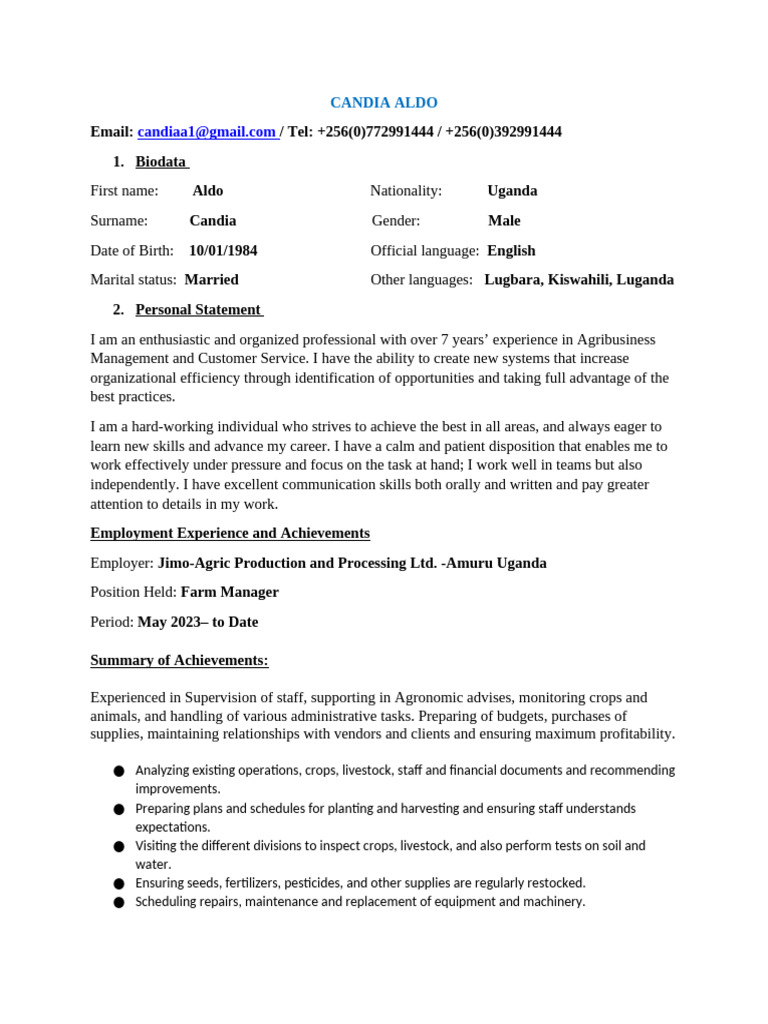 CV Aldo Updated on | PDF | Agriculture | Food Security