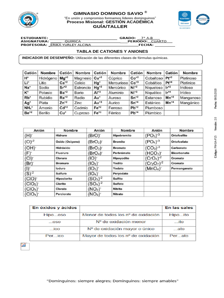 Tabla de Cationes y Aniones | PDF