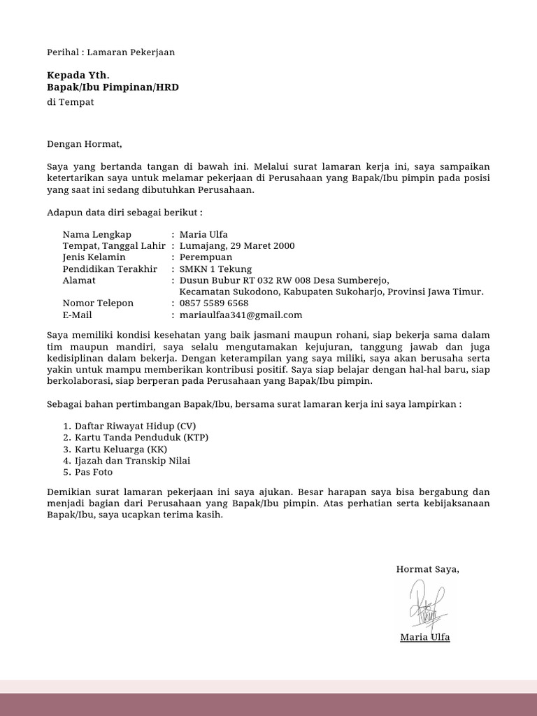 Maria Ulfa - Lamaran Kerja | PDF