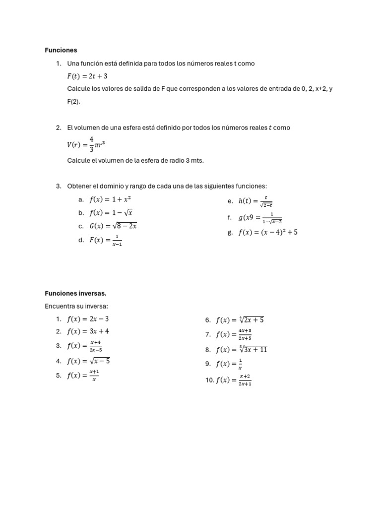 Ejercicios Funciones | PDF | Análisis matemático | Matemáticas