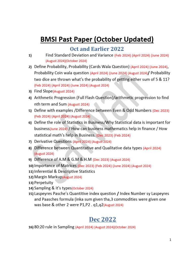 BMSI Past Papers (October Updated) | PDF | Mean | Variance