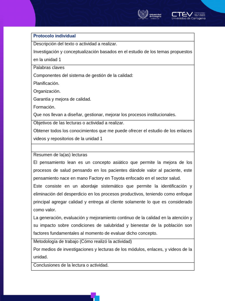 gestion de la calidad en los servicios de salud PLANTILLA PROTOCOLO INDIVIDUAL (6) | PDF