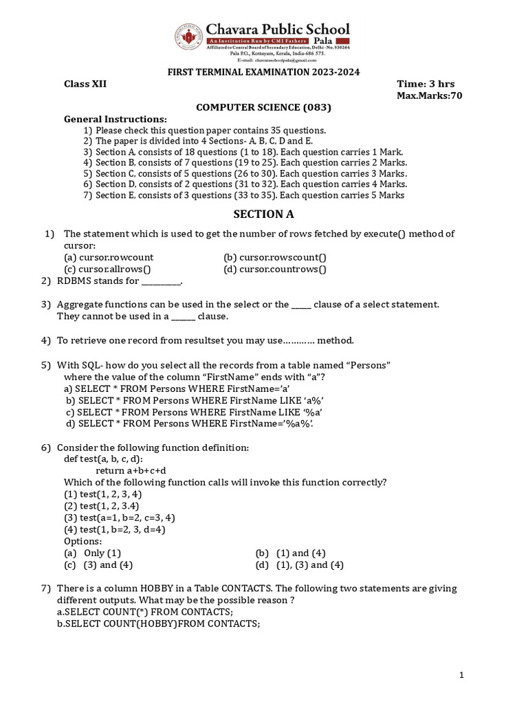 XII CS-2023-24 Term 1-QP | PDF | Parameter (Computer Programming) | Table (Database)