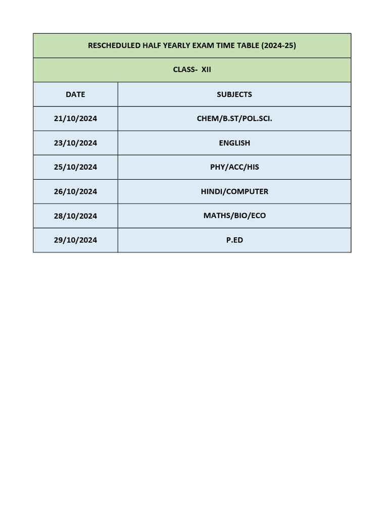 Class Xii Rescheduled Half Yearly Exam Timetable | PDF