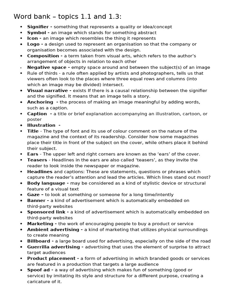 Word Bank Topics 1.1 and 1.3 Eng A | PDF | Advertising | Image